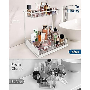 Zyerch Under Sink Organizer,Metal Pull Out Kitchen Cabinet Organizer with Sliding Drawer,Sturdy Multi-Functional for Bathroom Organization,White