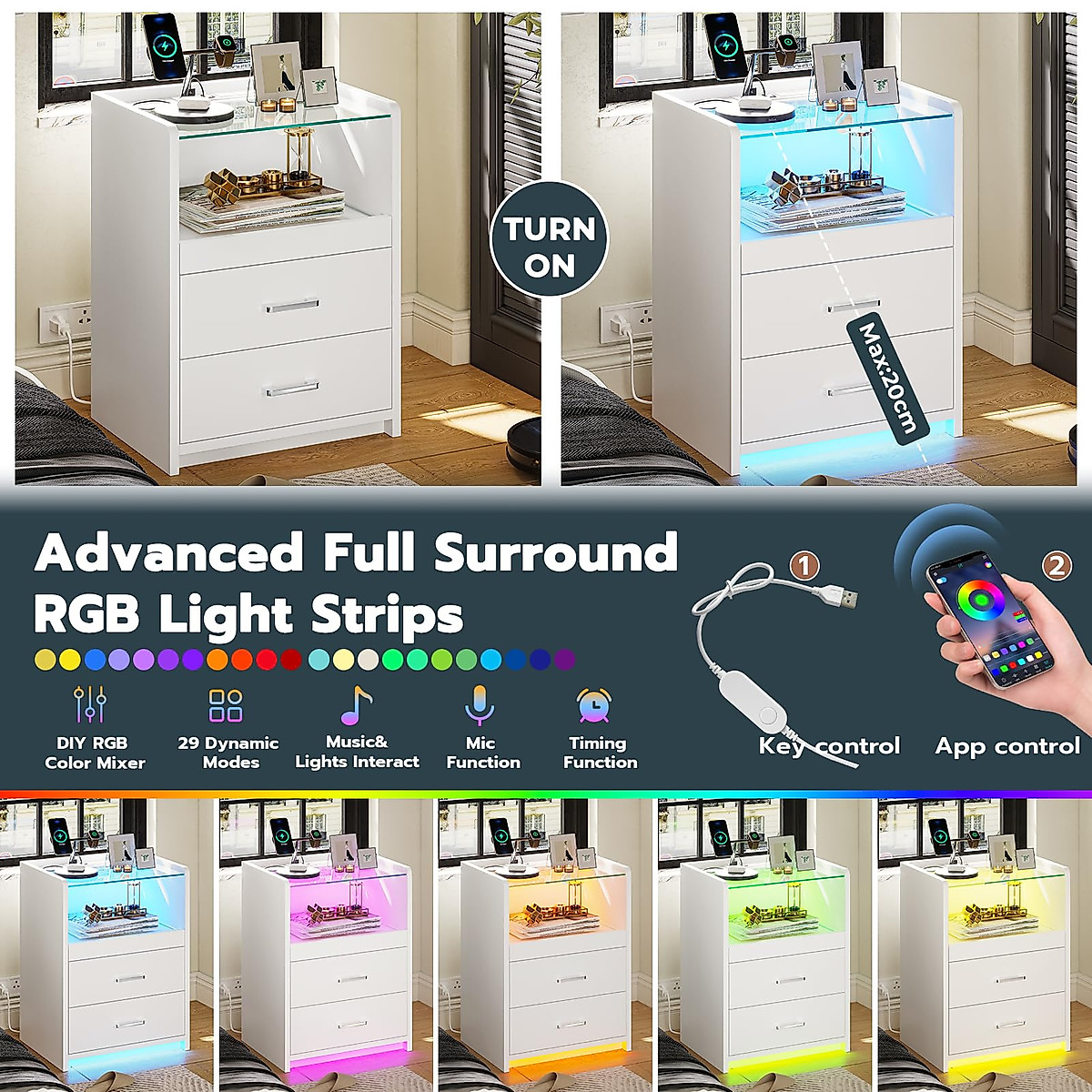 VIAGDO White Nightstand with Charging Station and LED Lights, 2 Drawers LED Night Stand with Tempered Glass Tabletop, Modern End Side Tables with Pull-Out Tray, Open Storage Bedside Tables