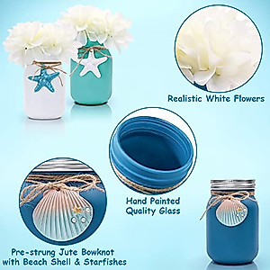Beach Mason Jar Decor Coastal Table Centerpiece with White Flowers Floral Arrangement Blue Shell Starfishes Slices Summer Sea Farmhouse Tiered Tray Wedding Décor Vases Home Hostess Gift Idea Set of 3