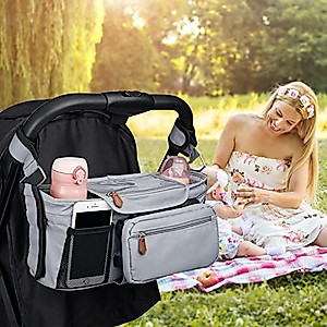 Sunkorto Stroller Organizer with Cup Holder, Universal Stroller Caddy Accessories Baby Stroller Bag Organizer with Detachable Zippered Pocket Non-Slip Straps, Fits For any Stroller - Gray