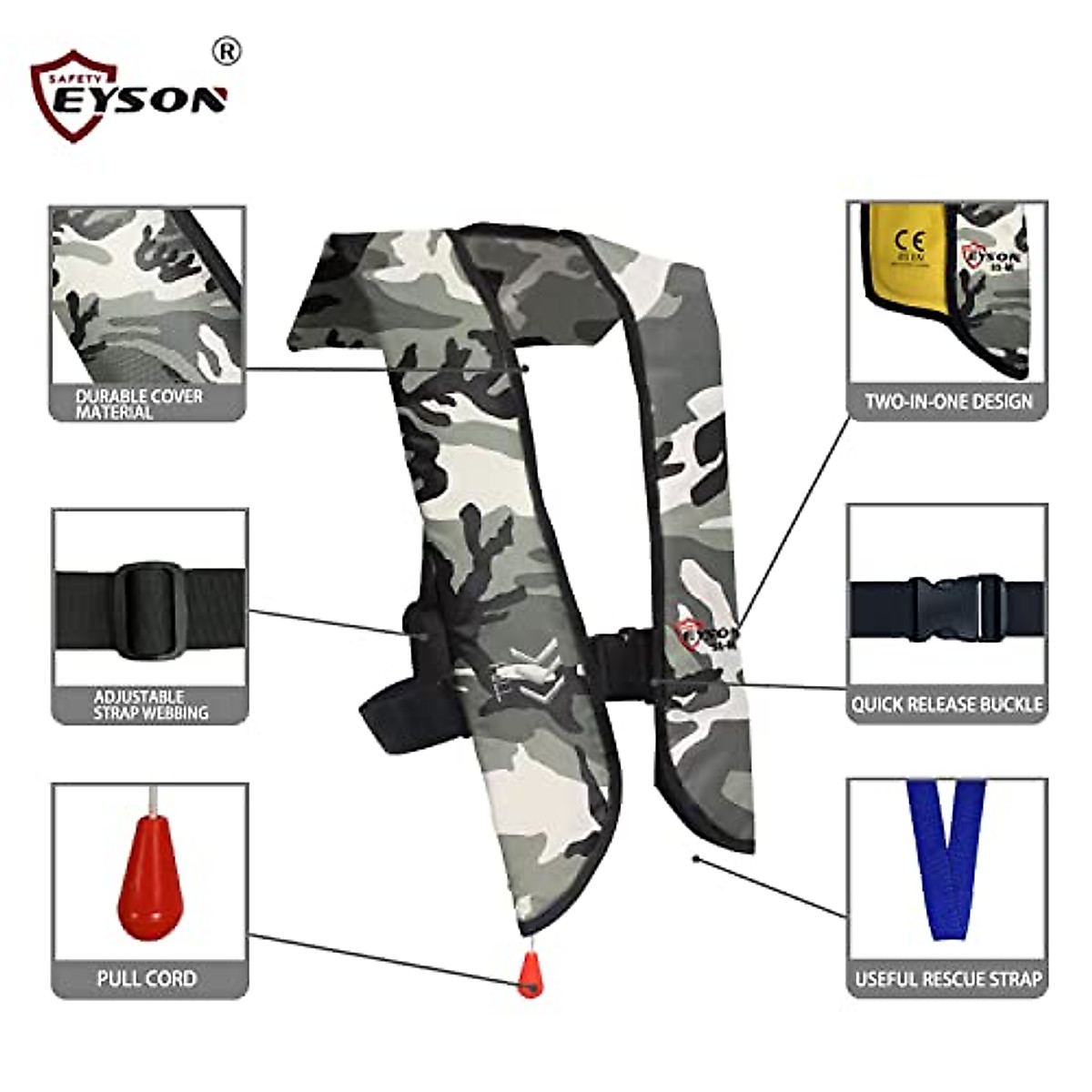 Eyson Inflatable Life Jacket Life Vest Basic Automatic/Manual (639 White Camouflage Auto)