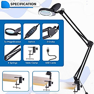 YOCTOSUN Magnifying Desk Lamp with Clamp, 5X Real Glass Lens, 3 Color Modes Stepless Dimmable, Adjustable Arm Magnifying Glass with Light and Stand for Reading, Painting, Sewing & Crafts