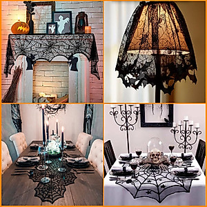 5 Pack Halloween Decorations Indoor, Halloween Mantel Decorations, Spider Web Table Runners, Round Table Cover and Cobweb Lampshade with 36pcs Scary 3D Bat Stickers for Halloween Party Decor