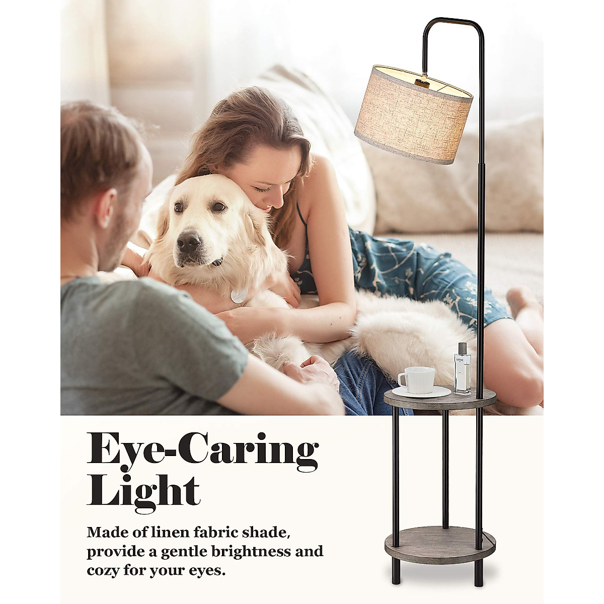 ELYONA Farmhouse Floor Lamp with Grey Desk Lamp, Bedside Table Lamp with Wireless Charging & USB Ports, Nightstand Lamp with Solid Wood Shelves,Standing Light for Bedroom, Living Room, Office