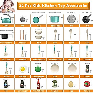 Bruvoalon 32Pcs Kids Play Kitchen Toys Set, Toddlers Pretend Cooking Playset Acccessories with Pots Pans, Utensils Cookware, Foods, Canned Veges, Learning Gift for Kids Girls Boys (Green)