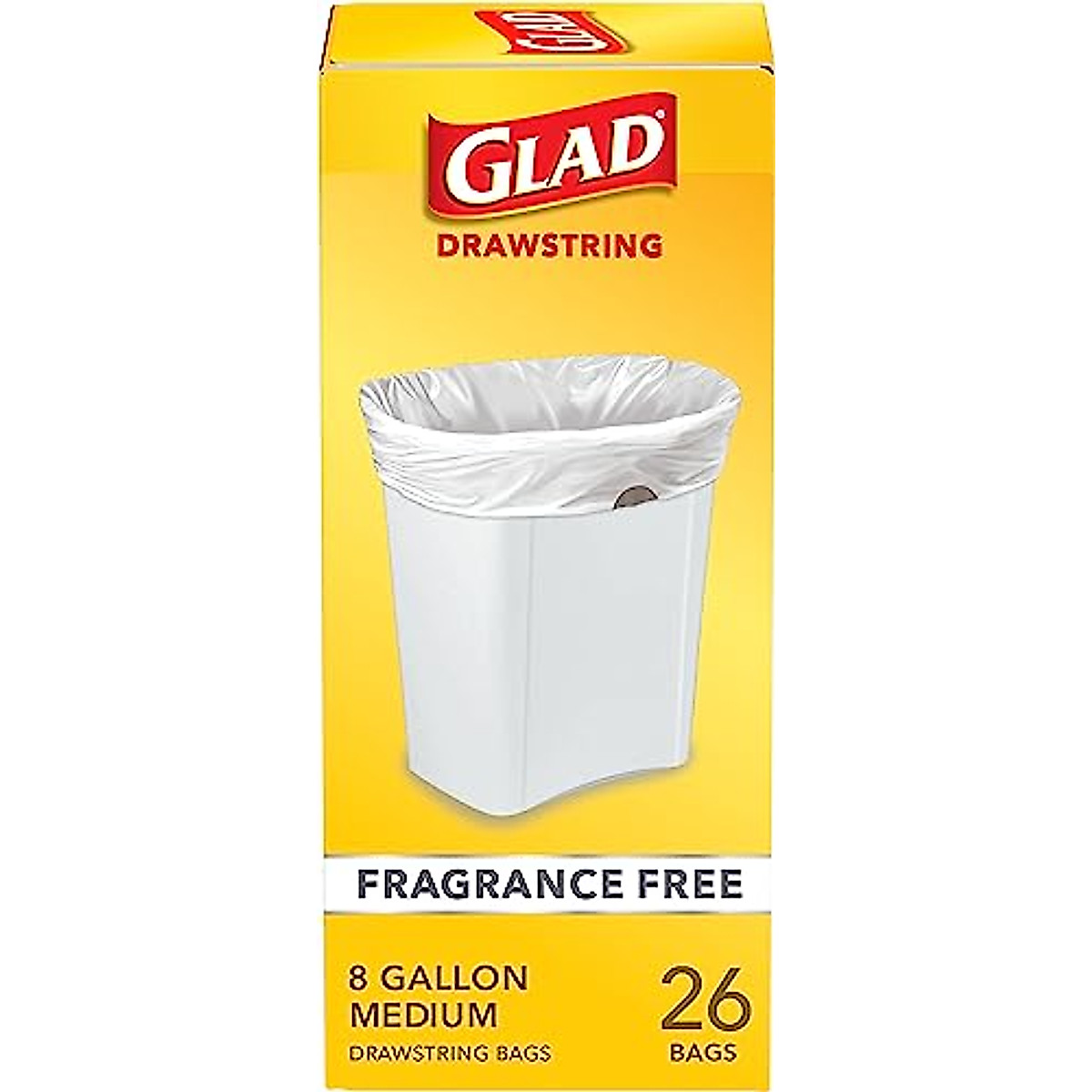 Glad Medium Drawstring Trash Bags, 8 Gallon, White, Fragrance Free, 26 Count, Pack May Vary
