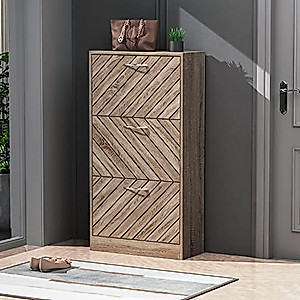 AGOTENI Shoe Cabinet with 3 Flip Drawers, Shoe Storage Organizer with 2-Tier Shelf for Entryway, Freestanding Shoe Rack Storage Organizer, Natural