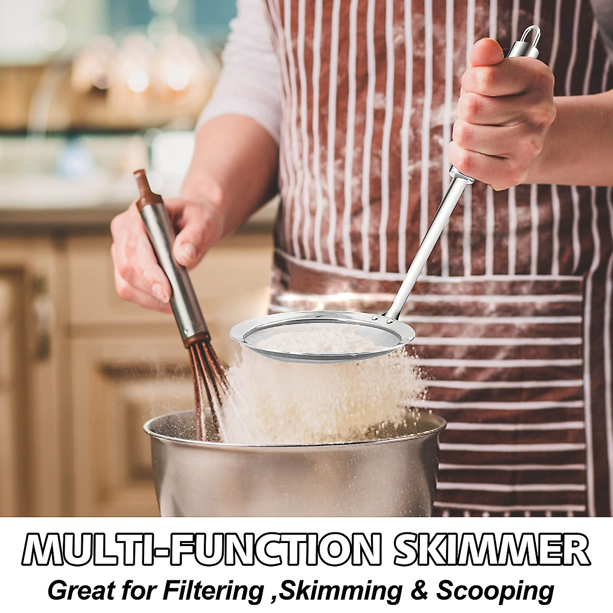 Anaeat 4.7" Stainless Steel Fat Skimmer Spoon - Professional Kitchen Fine Mesh Food Strainer and Hot Pot Skimmer with Long Handle for Skimming, Cooking, Frying, Grease, Gravy and Foam