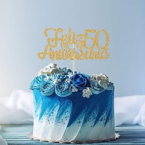 Ferastar Feliz 50 Aniversario Cake Topper, 50th Anos De Amor Wedding Decor, Happy 50th Anniversary Party Supplies Gold Glitter.