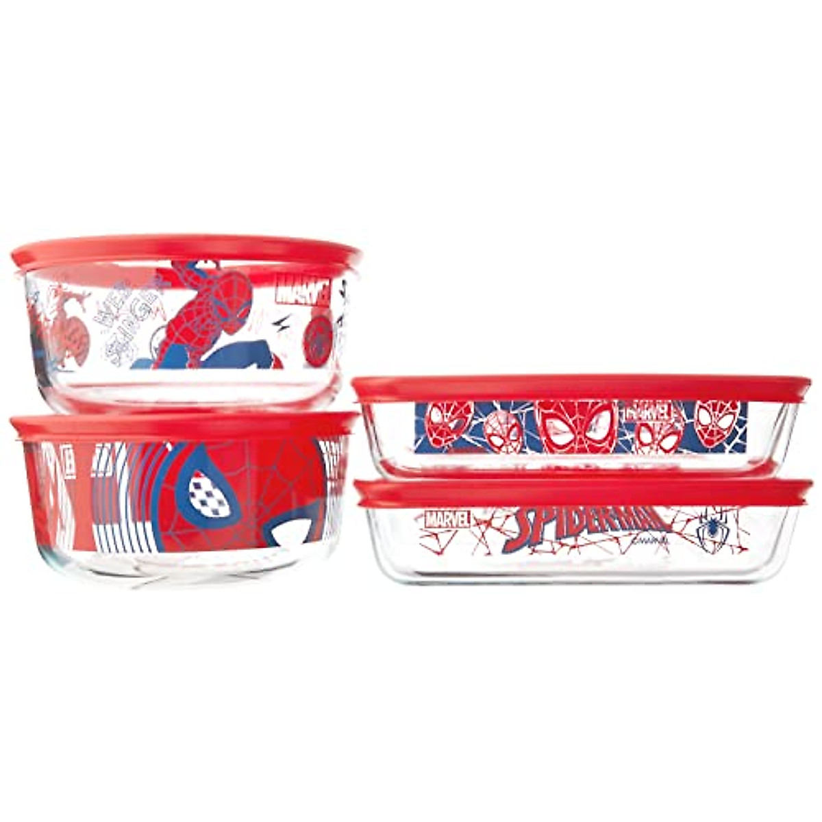 Pyrex 8-Pc Glass Food Storage Container Set, Includes (2) 4-Cup Round Glass Containers, (2) 3-Cup Rectangle Glass Containers, Meal Prep Containers with Lid, Disney's Marvel's Spider-Man