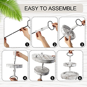 Tiered Tray Cupcake Stand 2 Tiered Tray Stand and Wood Beads Decorative Trays with Handle, Round Rustic Stand for Kitchen, Homeware Display Platters for Party (White)