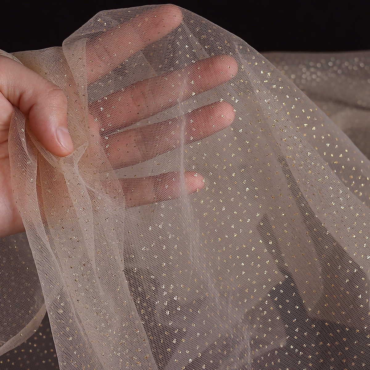 HAVII 60" x 8 Yards Champagne Glitter Tulle Fabric Rolls Sequin Sheer Fabric for Bridal Veil Wedding Arch Backdrop Decor Tutu Skirts DIY Sewing Craft