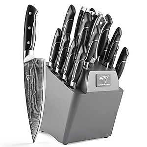 18 Pieces Damascus Kitchen Knife Set, 8 Piece Steak Knives, Non-slip ABS Ergonomic Triple Rivet Handle for Meat Fork, Knife Sharpener and Shears, 17 Slots Fraxinus Manchuria Knife Block (Grey)