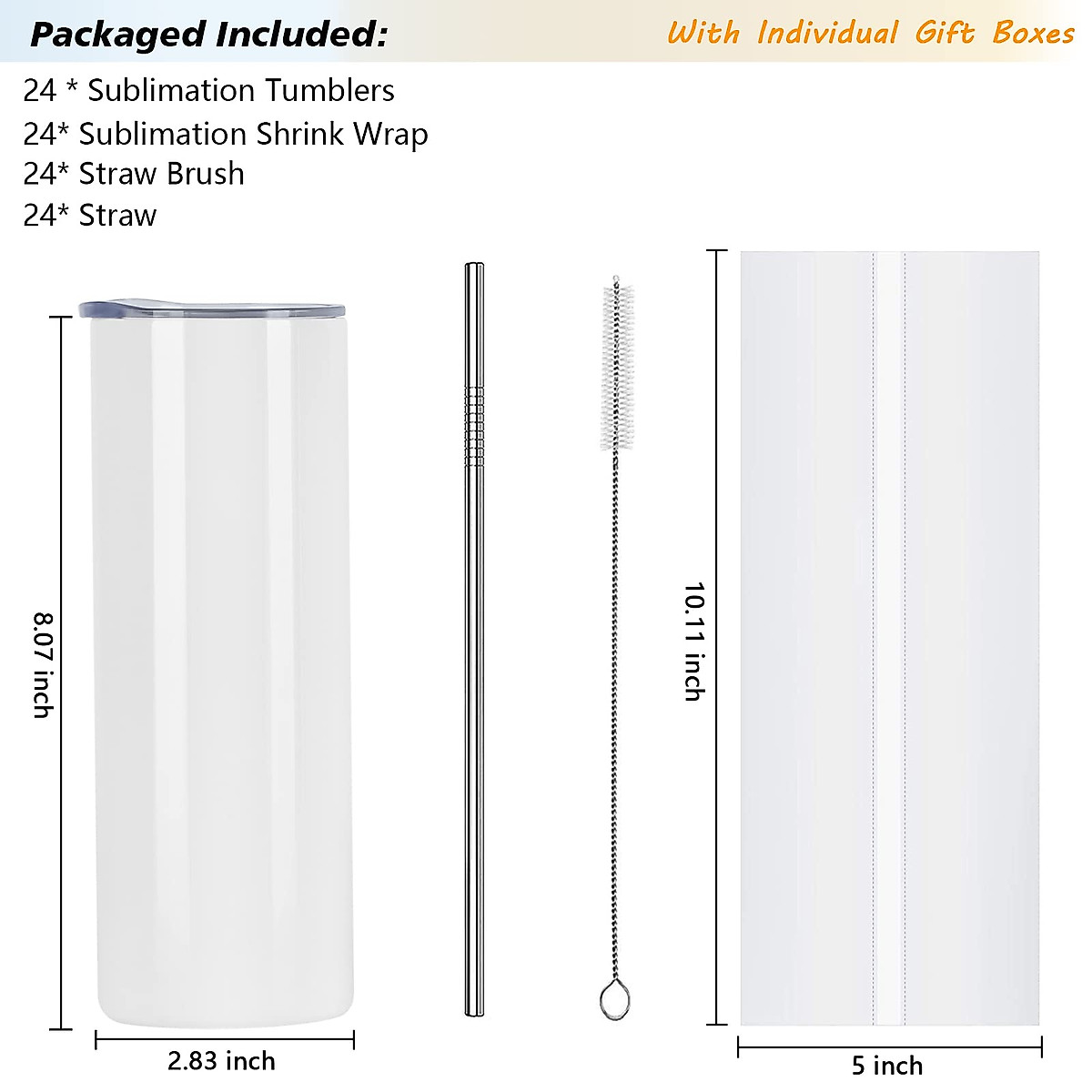24 Pack Sublimation Tumblers Bulk 20 oz Skinny Straight, Sublimation Blanks Double Wall Stainless Steel Skinny Tumbler with Lid and Straw, Shrink Wrap Film, Individually Boxed, for Heat Press Machine