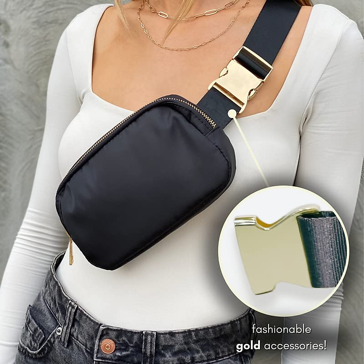 Boutique Belt Bag | Crossbody Bag Fanny Pack for Women Fashionable | Cute Mini Everywhere Bum Hip Waist Pack | Small Fashion Travel Chest Bag | Gold Accessories | Adjustable Extended Strap | Black