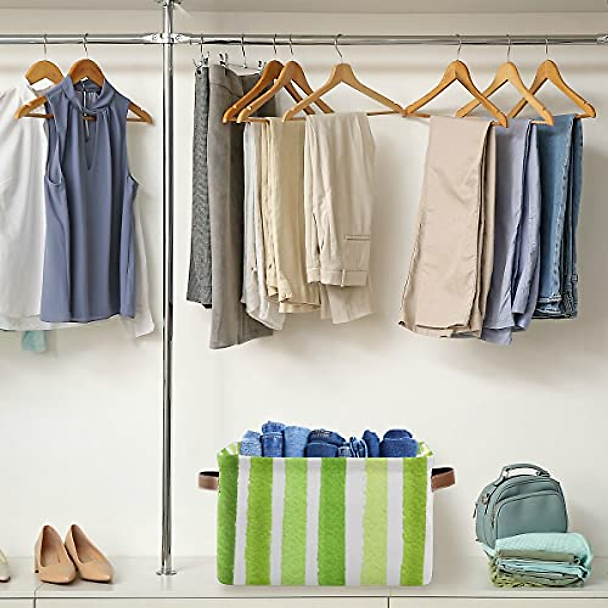 TSENQUE Large Storage Bins, Striped Lime Green Storage Cube Box, Foldable Toy Clothes Storage Baskets for Pantry