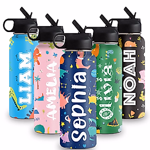 FunStudio Personalized Dinosaur Water Bottles for Boys, 18 oz Custom Name Insulated Dino Water Bottle With Straw, Stainless Steel Reusable Waterbottle Gifts for Kids School Girls Men Women - Dinosaur