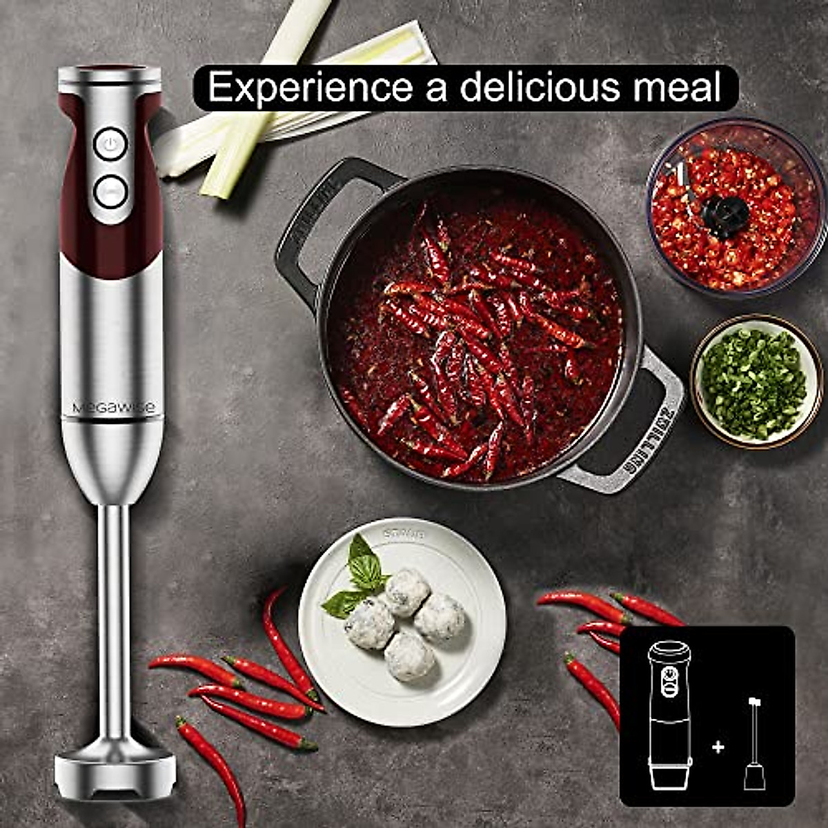 MegaWise Pro Titanium Reinforced 3-in-1 Immersion Hand Blender, Powerful 1000W with 80% Sharper Blades, 12-Speed Corded Blender, IncludingWhisk and Milk Frother (3-in 1 Red)