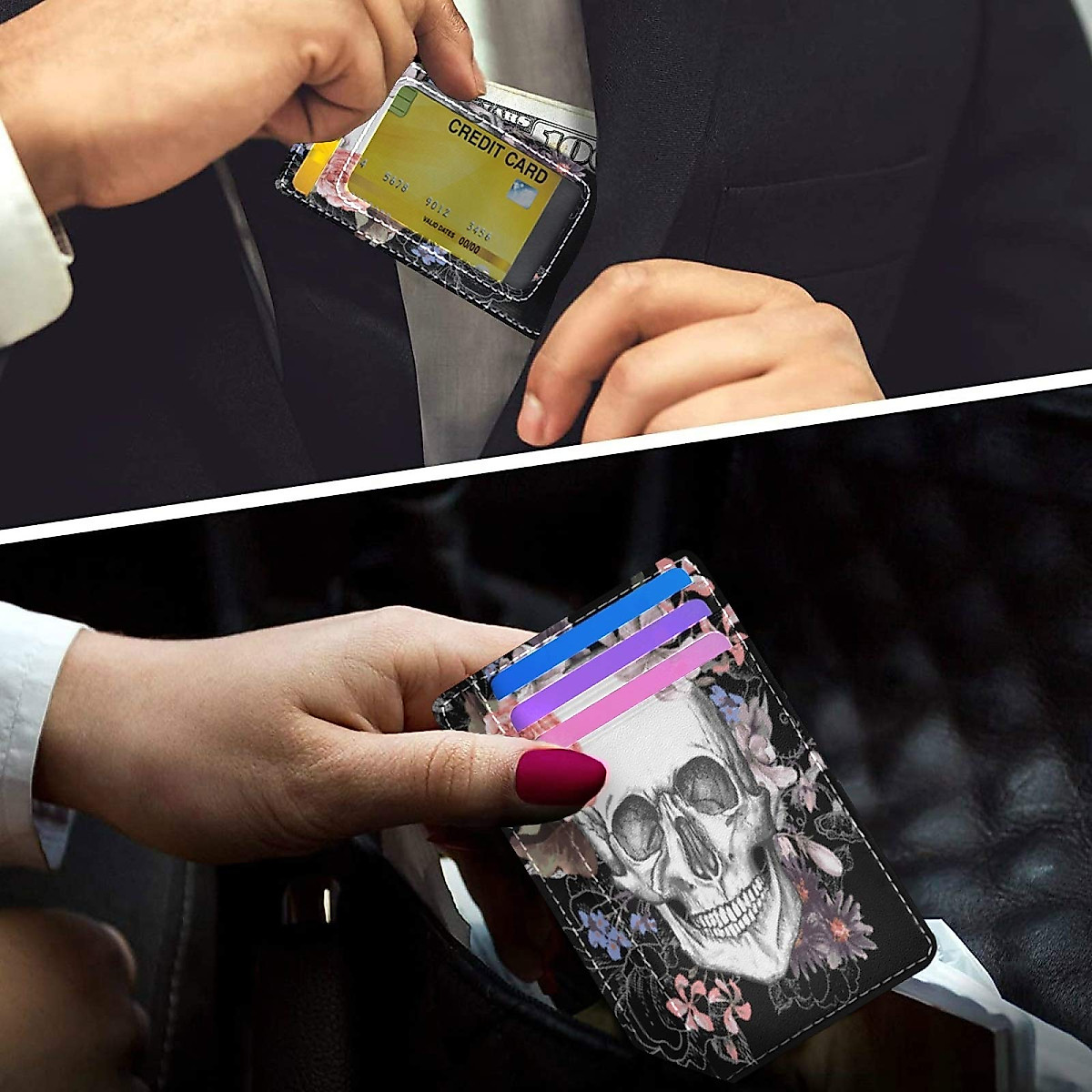 Linomo Thin leather Card Holder and Money Clip Floral Sugar Skull Face Print Wallet RFID Blocking for Men & Women
