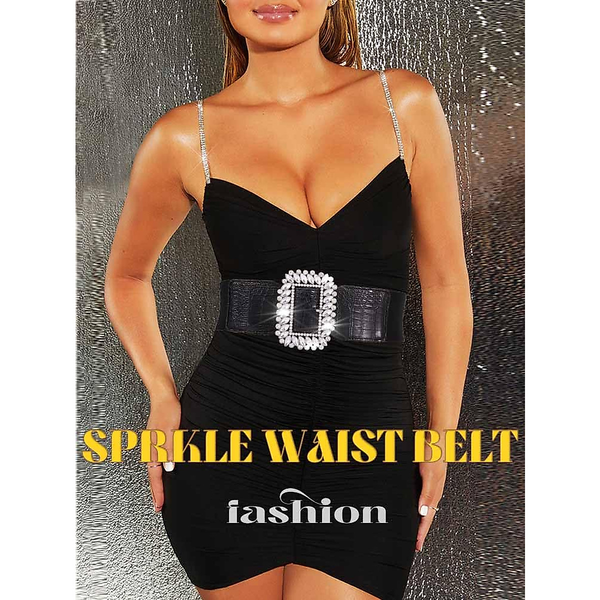 Yalice Rhinestone Waist Belt Wide Elastic Belt for Dresses Sparkle Crystal Stretchy Belts Ladies Cinch Waist Band for Women (Black, Fit Waist Belt: 32''-37'')