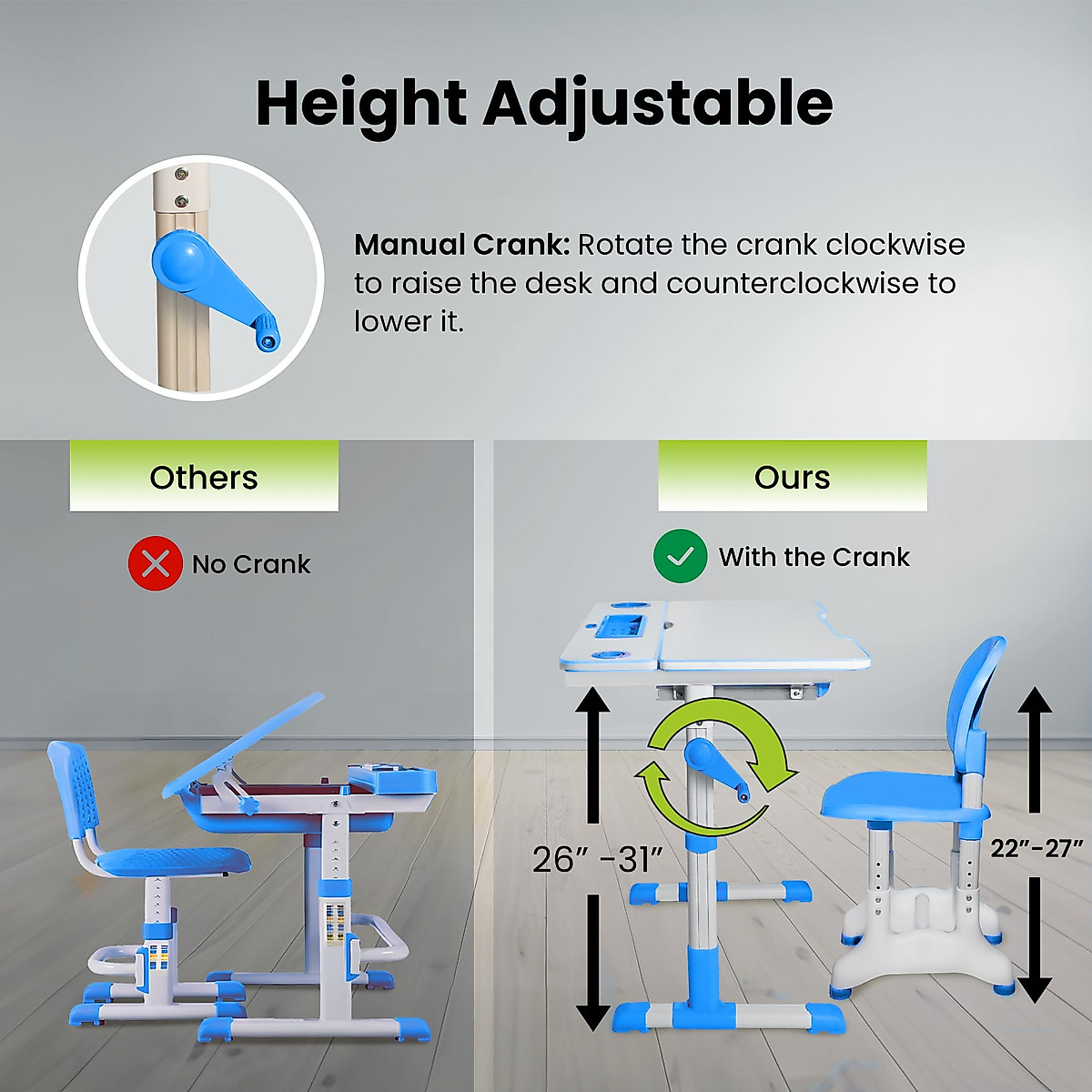 eClub Deals Kids Functional Desk and Chair Set, Height Adjustable Children's Study Desk for Ages 4-12, Book Stand, LED Light and Storage Drawer - for Baby Bedroom, Game Rooms, Blue