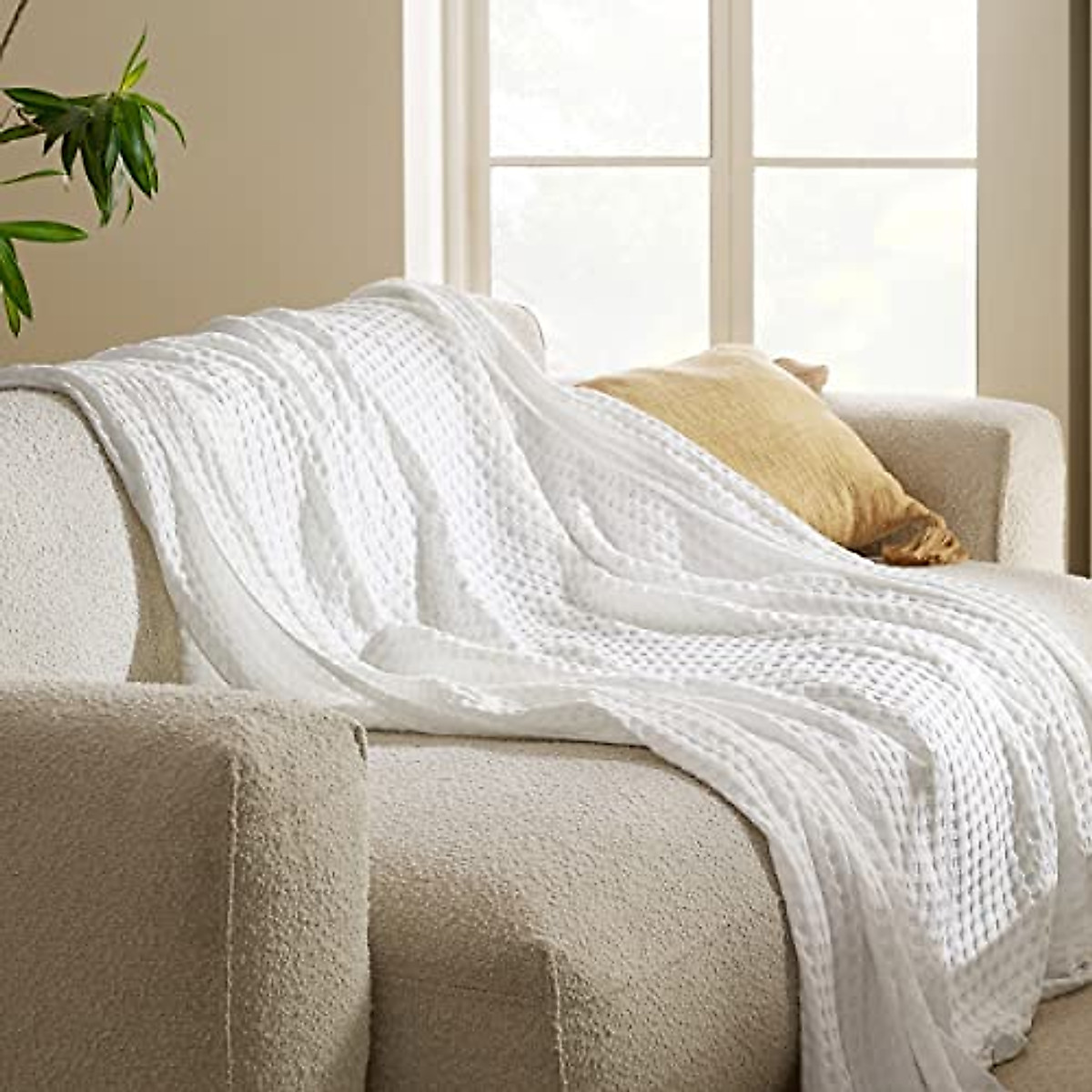 Bedsure Cooling Bamboo Waffle Weave Blanket - Soft, Lightweight and Breathable Throw Blankets for Hot Sleepers, Luxury Cotton Throws for Bed, Couch and Sofa, White 50x70Inches