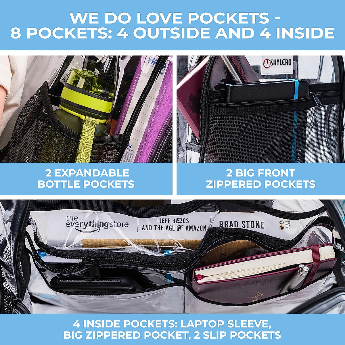 SHYLERO Clear Backpack For Work XL - Heavy Duty School Bookbag has TSA Lock, 2-WAY Zip, Transparent PVC - H18''xW14''xD8