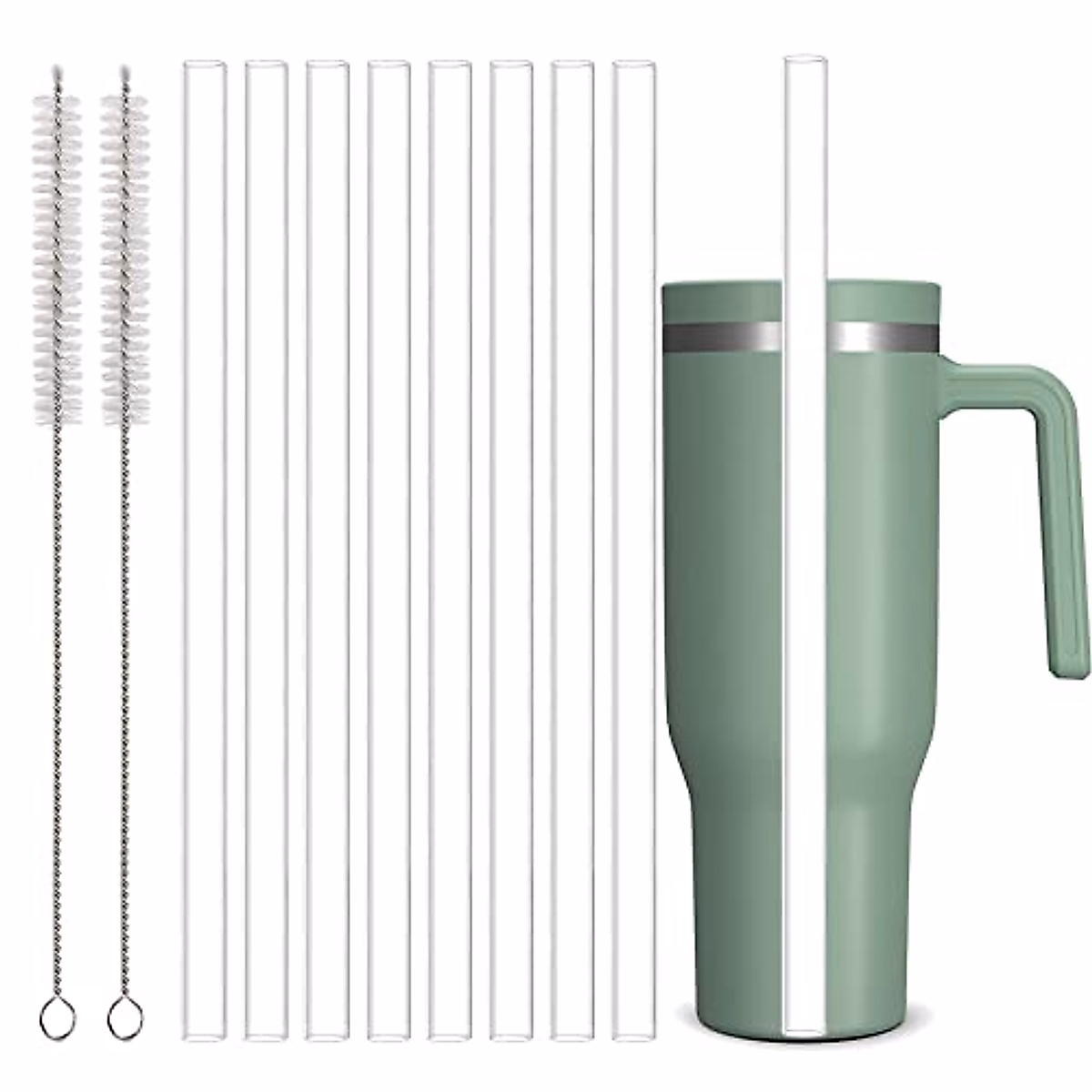 8Pcs Stanley Straws Replacement, 8Pcs Stanley Cup Straws with 2 Cleaning Brushes, Reusable Straws Compatible with Stanley 14/20/30/40 Oz Cup, Plastic Clear Straw Stanley Cup Accessories