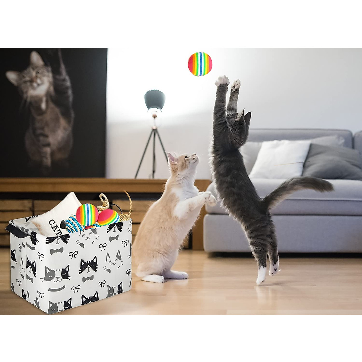 HIYAGON Cat Basket Cute Toy Storage Basket Bin Organizer Box Kids Gift Basket Empty Rectangular Cat Room Decor for Home Books(Bowknot Cats)