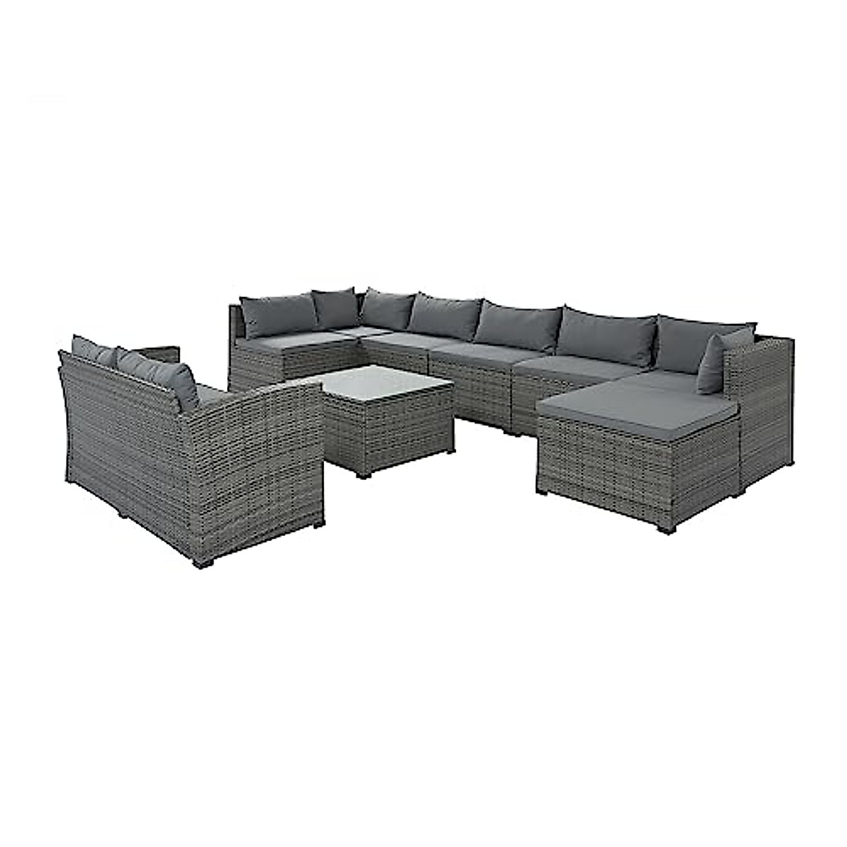 KASUE Outdoor PE Wicker Sofa 9-Piece Set - Perfect for Outdoor Spaces, Gardens, and Poolside, Gray Wicker, Gray Cushion