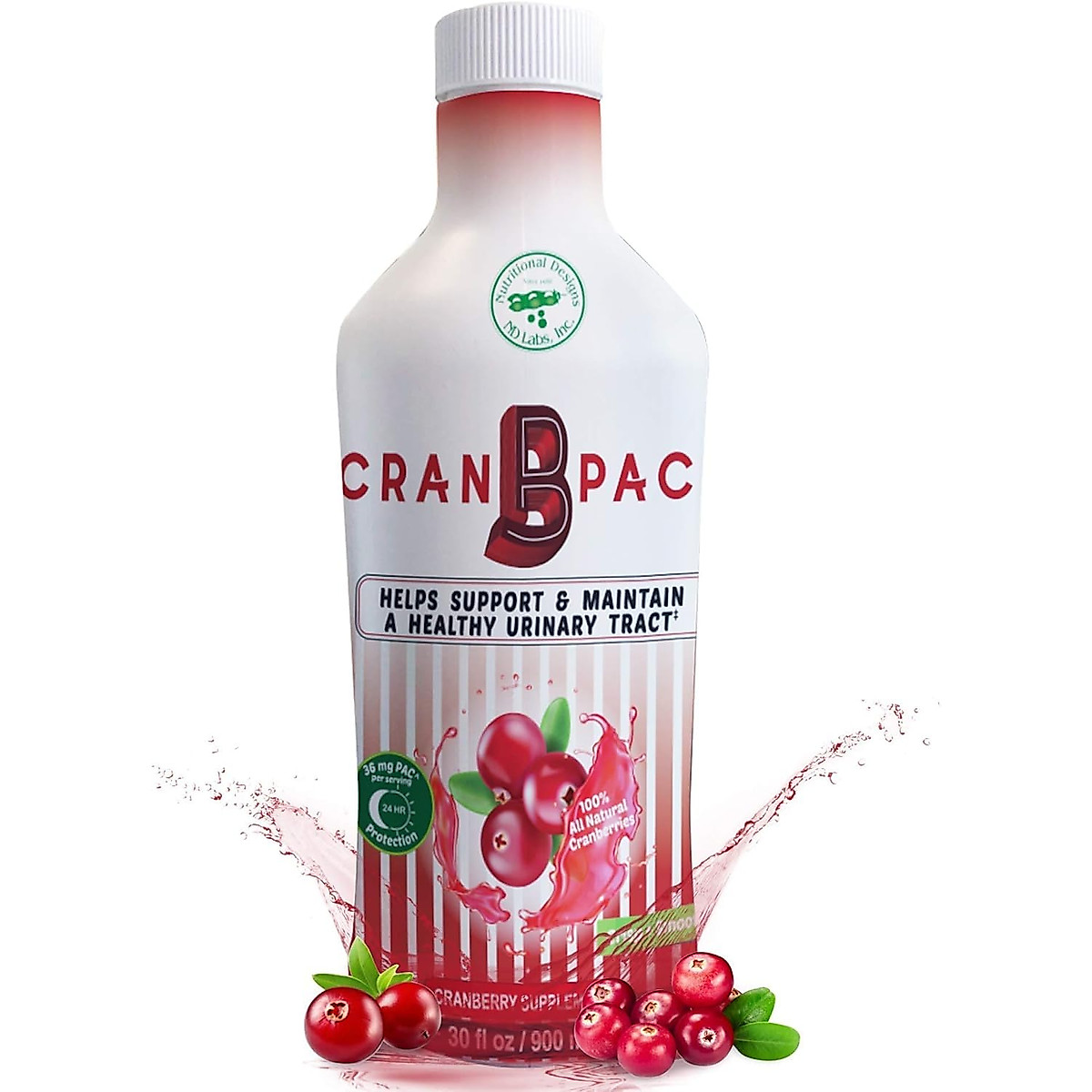 Nutritional Designs Cran-B-PAC Cranberry Supplement, Urinary Tract Health for Women Cranberry Concentrate Liquid with Vitamins, UTI Prevention for Women, Natural & Non GMO, 36mg PAC, 30 Oz Bottle