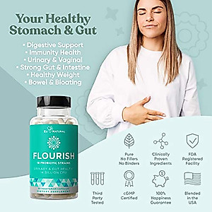 Flourish Probiotics + Prebiotics for Women – Gut & Digestion, Urinary Tract, Reduce Bloating, Vaginal Health – 18 Clinically Proven Strains, 14 Billion CFU – 30 Shelf-Stable Mini Vegetarian Capsules