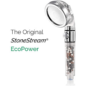 Filtered Shower Head by StoneStream, Original EcoPower High Pressure Shower head with Hard Water Filter and ON/OFF switch and Spa like Ionic beads for Dry Skin & Hair —3 Spray Settings