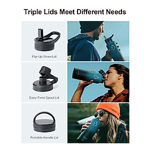 BUZIO 40oz Water Bottle, Stainless Steel Insulated Water Flask with Straw Lids, Canteen Metal Thermo Mug Hydro Cup Jug, Double Vacuum Hot Cold Water Bottles with Carrying Pouch, Indigo Black Gradient