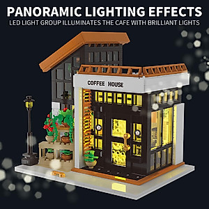 City Cafe Building Toy Set, Modular Coffee Shop Building Blocks Halloween Xmas Gift for Adult, Boy and Girls 14+, 1347pcs Mini Brick with LED