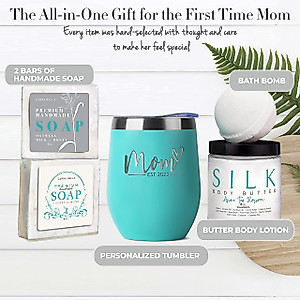New Mom Gifts for Women - Pregnancy Gifts for First Time Moms to Be Gift - Mom Est. 2022 Spa Bath Box Set w/ Mint Tumbler - First Mothers Day Gifts for New Mom