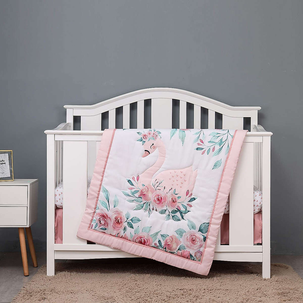 CribMATE 4 PCs Pink Rose Swan Nursery Crib Bedding Set Baby Girl Floral Swan Themed Cot Bedding Set 1 Quilt 1 Skirt 1 Fitted Sheet 1 Window Valance, Pink White, 28 X 52