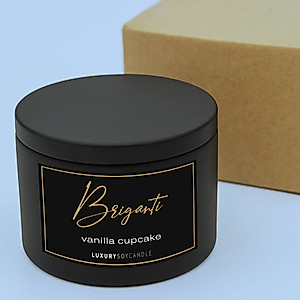 Briganti Vanilla Cupcake Luxury Soy Candle, Scented Home Decor | Natural Soy Wax Infused w/Essential Oils - Vanilla Bean + Buttercream + Cake + Bourbon | 8oz Premium Black Tin