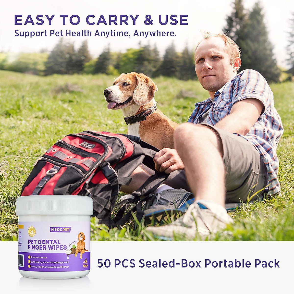 HICC PET Teeth Cleaning Wipes for Dogs & Cats, Remove Bad Breath by Removing Plaque and Tartar Buildup, Disposable Dog Finger Toothbrush Gentle Pet Dental Care Wipes, 50 Counts, (Mint Scent)