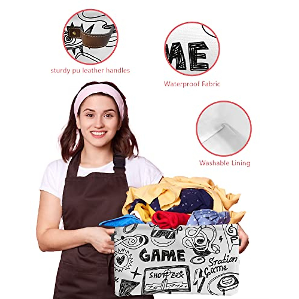 Video Game Cube Storage Organizer Bins with Handles,15x11x9.5 Inch Collapsible Canvas Cloth Fabric Storage Basket,Black Grey Sketch Art Teen 90's Print Gaming Books Kids' Toys Bin Boxes for Shelves