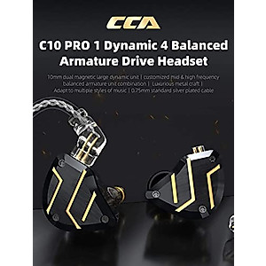 CCA C10 Pro in Ear Monitor,HiFi 1DD 4BA Hybrid Five Drivers in-Ear Earphone,Aluminum Alloy Shell+Resin Cavity Wired Earbuds with 0.75mm CPin Gold Plated Detachable Cable (No Mic, C10pro Black)