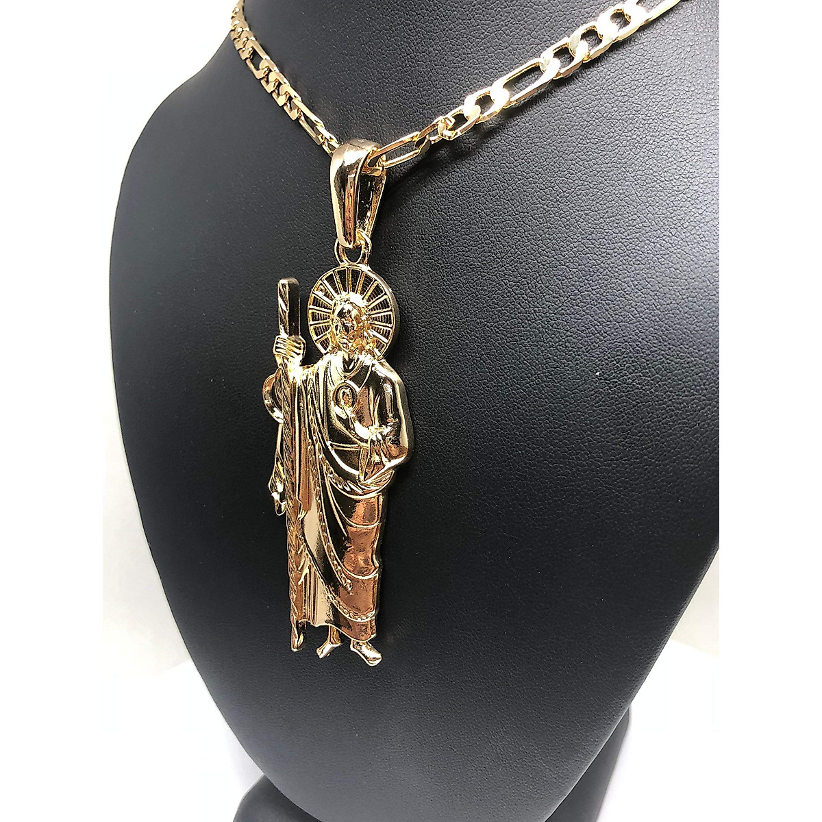 Fran & Co. Jewelry Gold Plated Big Saint Jude Pendant Necklace Figaro 26" San Judas Tadeo Medalla XL Cadena Oro