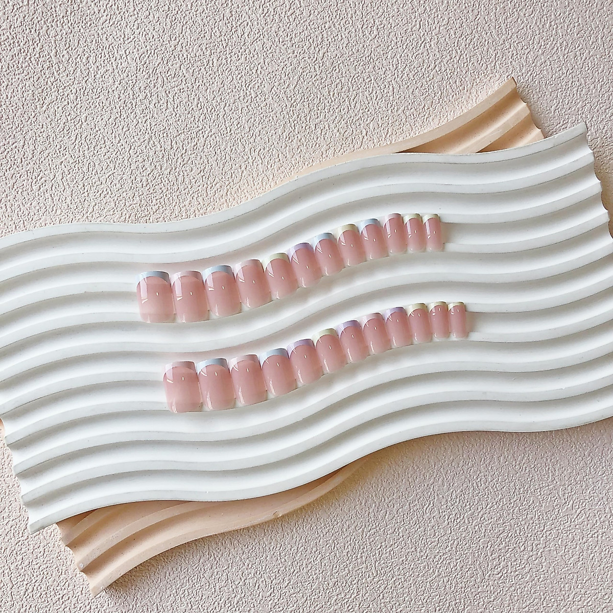 KXAMELIE Glossy Nude Glue on Nails Press On, Made by Gel with Colorful French Tips Short Nails Designs, 24PCS