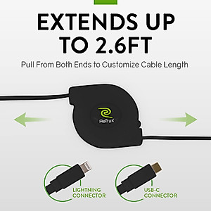 ReTrak Premier Series Retractable Lightning to USB-C Charge and Sync Cable, 18W High Speed Charging Lightning to Type C Charger for iPhone 13s, AirPods Pro, 2.6ft, Black, 2.6 Feet (ETLTCBLK)