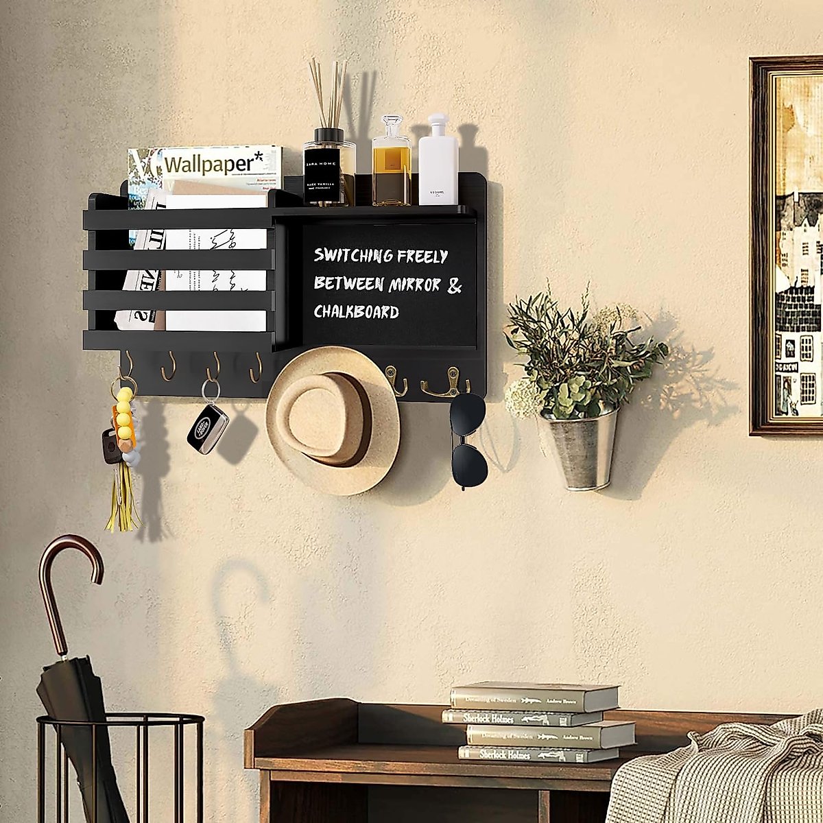 Kenvary Key Holder Rack for Wall, Entryway Hook with Shelf, Mail Organizer with Chalkboard, Rustic Mail Organizer with Mirror, Easy Installation