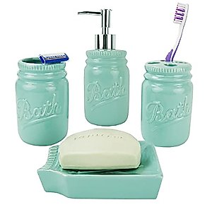 4-Piece Ceramic Mason Jar Bathroom Set (Mint), by Home Basics Beautiful and Contemporary Design Bathroom Accessory Sets Bath Accessories for Bathroom