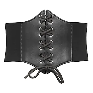 GRACE KARIN Womens Wide Elastic Lace-up Waist Belt Adjustable Leather Cinch Corset Waistband(L,Black)