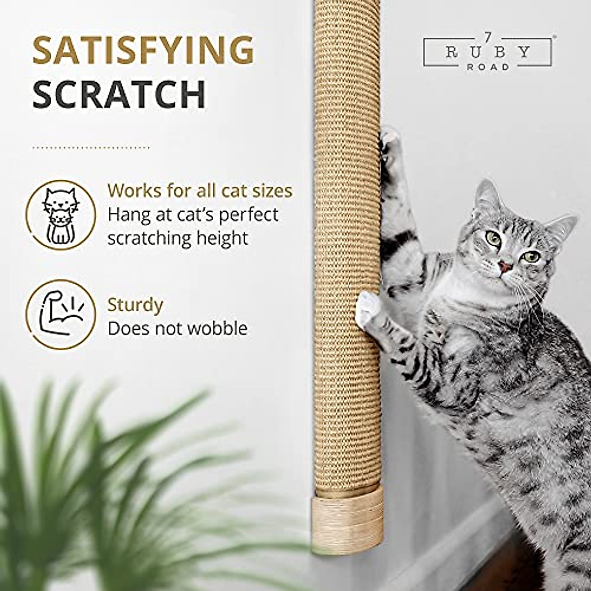 7 Ruby Road Wall Mounted Cat Scratching Post - Wall Mount Wooden Sisal Cat Scratcher & Vertical Scratch Pad (Replaceable) - Modern Cat Wall Furniture for Indoor Cats or Kittens (29.5 x 6 in)