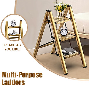 hismocal Foldable 3 Step Stool for Closet/Kitchen-Aluminium Gold Step Ladder Steps Stools, Folding 330lbs Lightweight Ladders with Anti-Slip Wide Pedal, Portable Kids/Adults Ladder