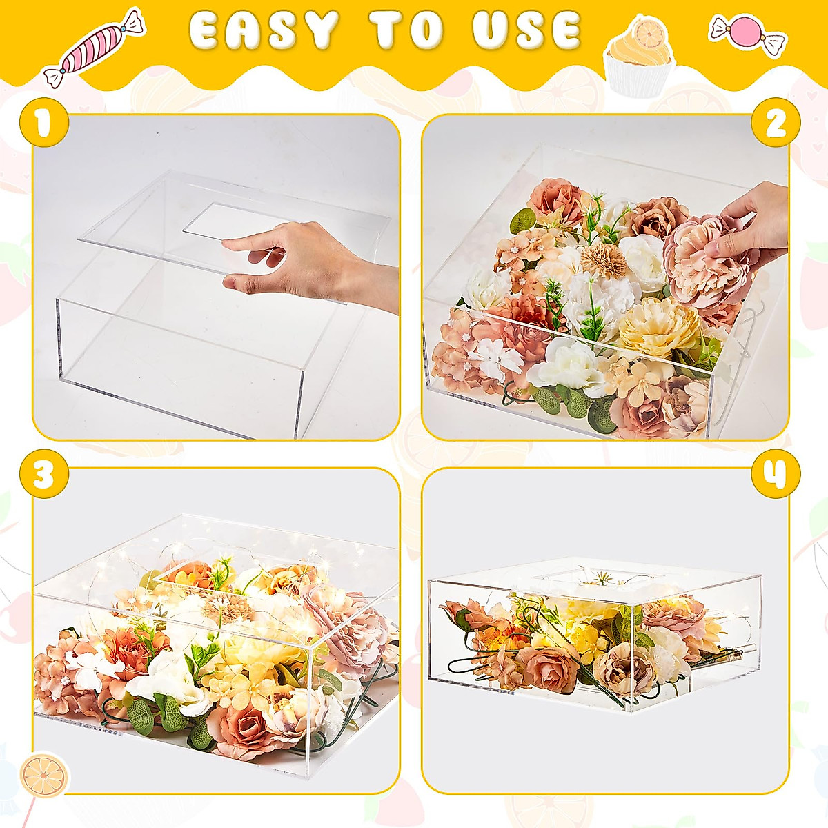 Sintuff 2 Pcs Square Acrylic Cake Stand 2 Tiers 6''/10'' Clear Fillable Cake Riser with LED String Light Cupcake Stand with Lid for Wedding Birthday Party Table Desserts